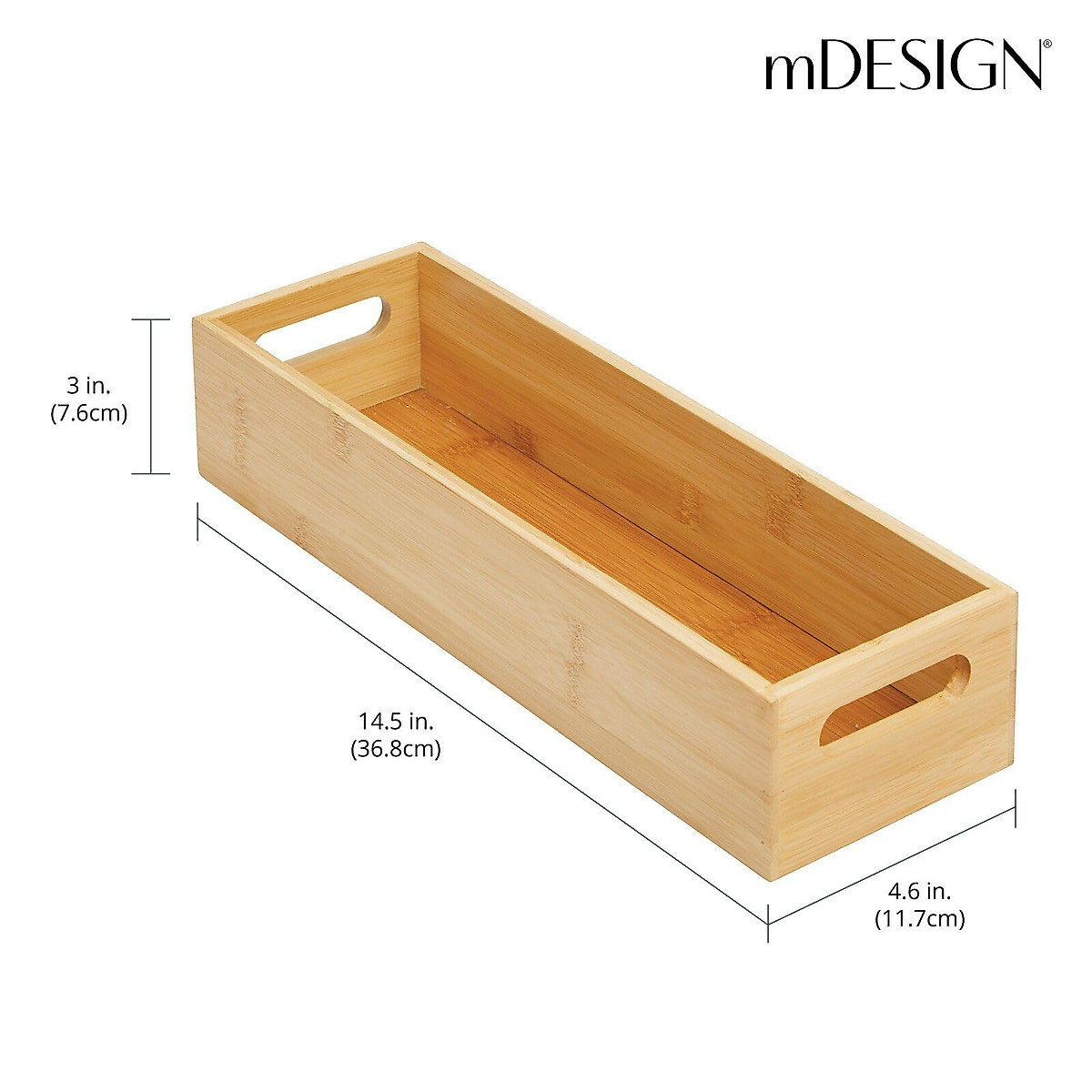 mDesign Slim Bamboo Kitchen Cabinet & Fridge Drawer Organizer Tray - Storage Bin for Cutlery, Serving Spoons, Cooking Utensils, Gadgets - 4.6" Wide, 2 Pack - Natural Wood Finish