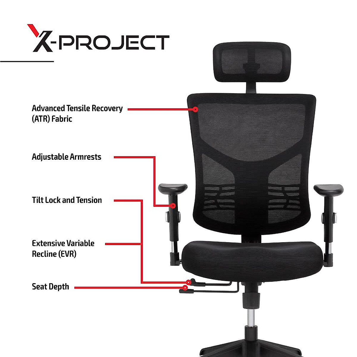 X-Chair X-Project High End Task Chair, Black A.T.R. Fabric with Headrest - Ergonomic Office Seat/Advanced Tensile Recovery Fabric/Highly Adjustable & Supportive/Comfortable Feel/Perfect for Workspace