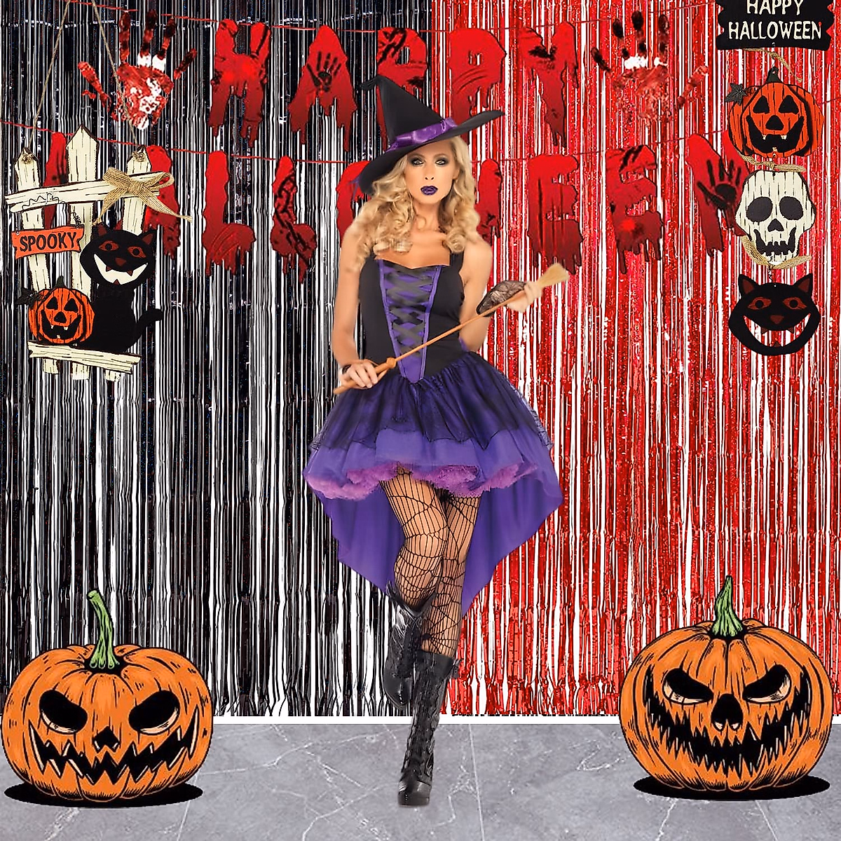 Foil Fringe Curtain Party Decorations - Black Red Metallic Tinsel Backdrop Party Steamers Curtains for Birthdays Halloweens Christmas Wednesday Stranger Theme Prom Holidays Parties Decorations