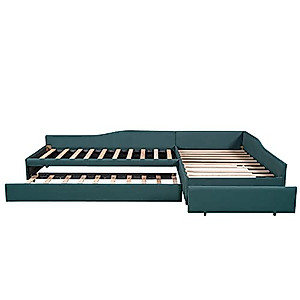 RORIGAT L-Shaped Upholstered Double Twin Size Daybed with Trundle and Drawer for Kids Boys Girls Student, Green