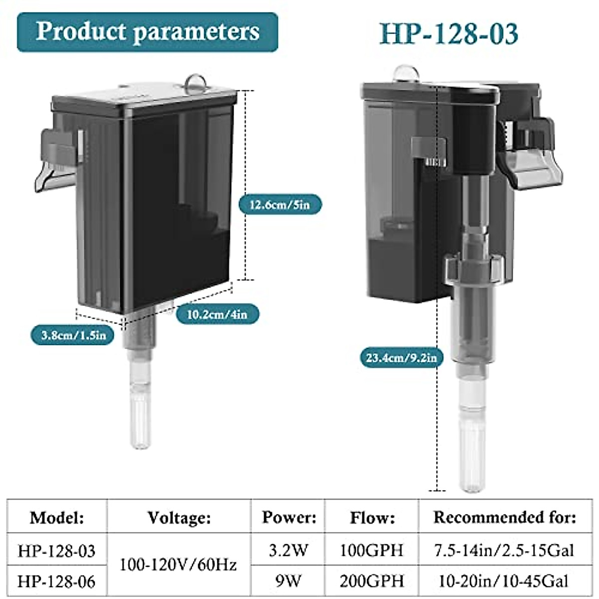 VILLNO 100GPH Ultra Quiet Aquarium Filter: 3.2W Adjustable Filter for 2.5-15Gal Fish Tank, Activated Carbon Filter with 2 Filter Cartridges, Hang on Back Aquarium Filter