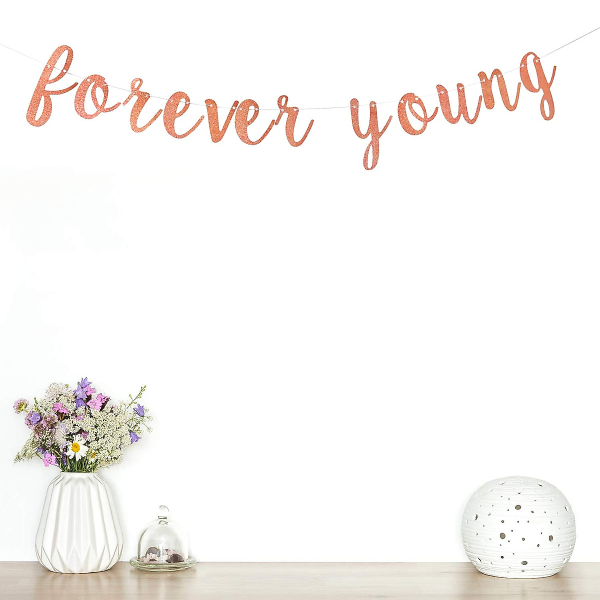 Rose Gold Glitter Forever Young Banner, Bunting Garlands for Men/Women's Birthday Party Decoration Supplies, 30th 40th 50th 60th 70th 80th Birthday Party Background Sign (Pre-Strung)