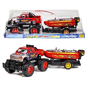 KidPlay Products Path Blazer Friction Power Monster Truck Speed Boat Hauler with Trailer