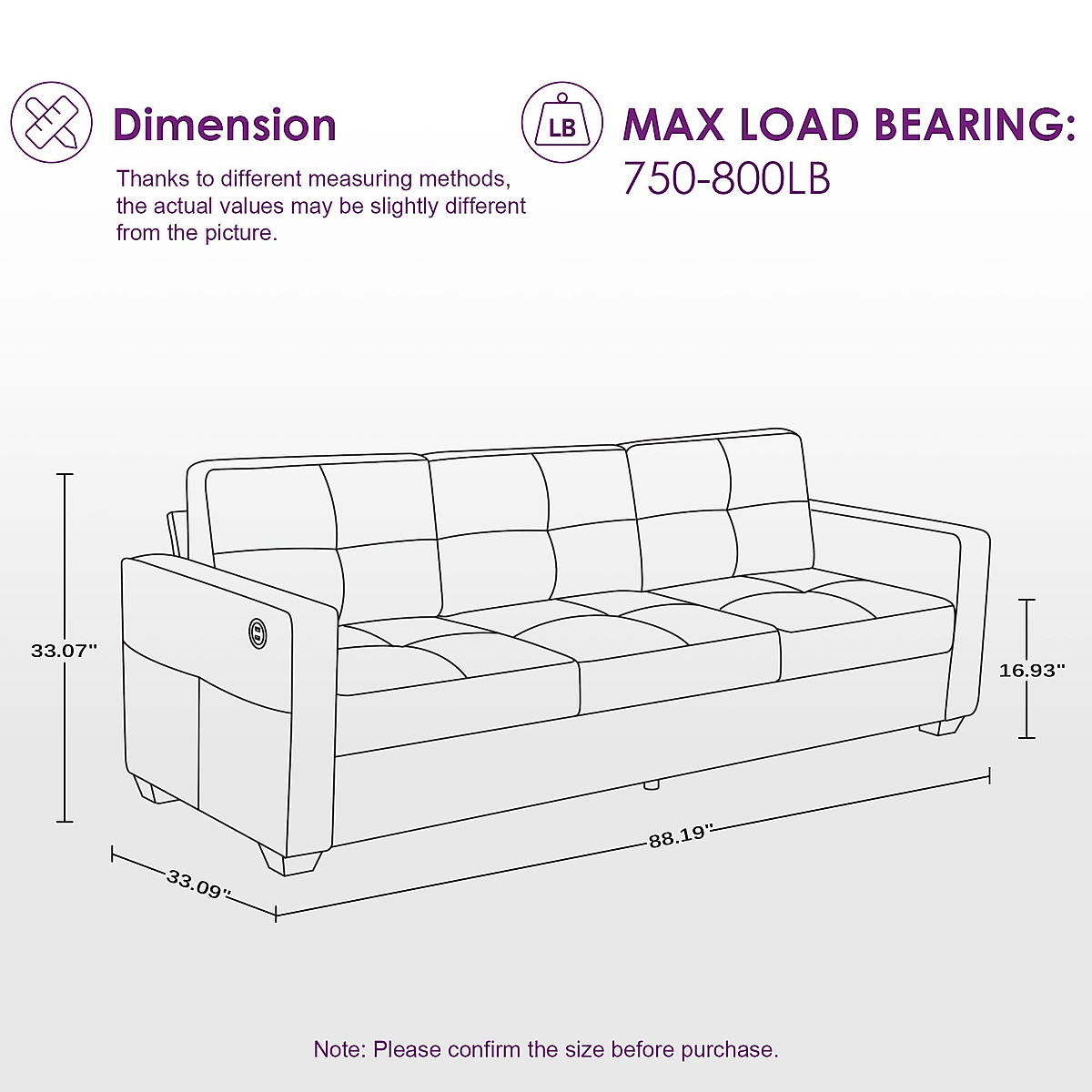 TYBOATLE 88" W Modern 3 Seater Sofa Couch, Fabric Linen Deep Seat Mid Century Couches w/ 2 USB Charging Ports and Upholstered Cushions, Comfy Sofas for Living Room, Bedroom, Apartment (Dark Gray)