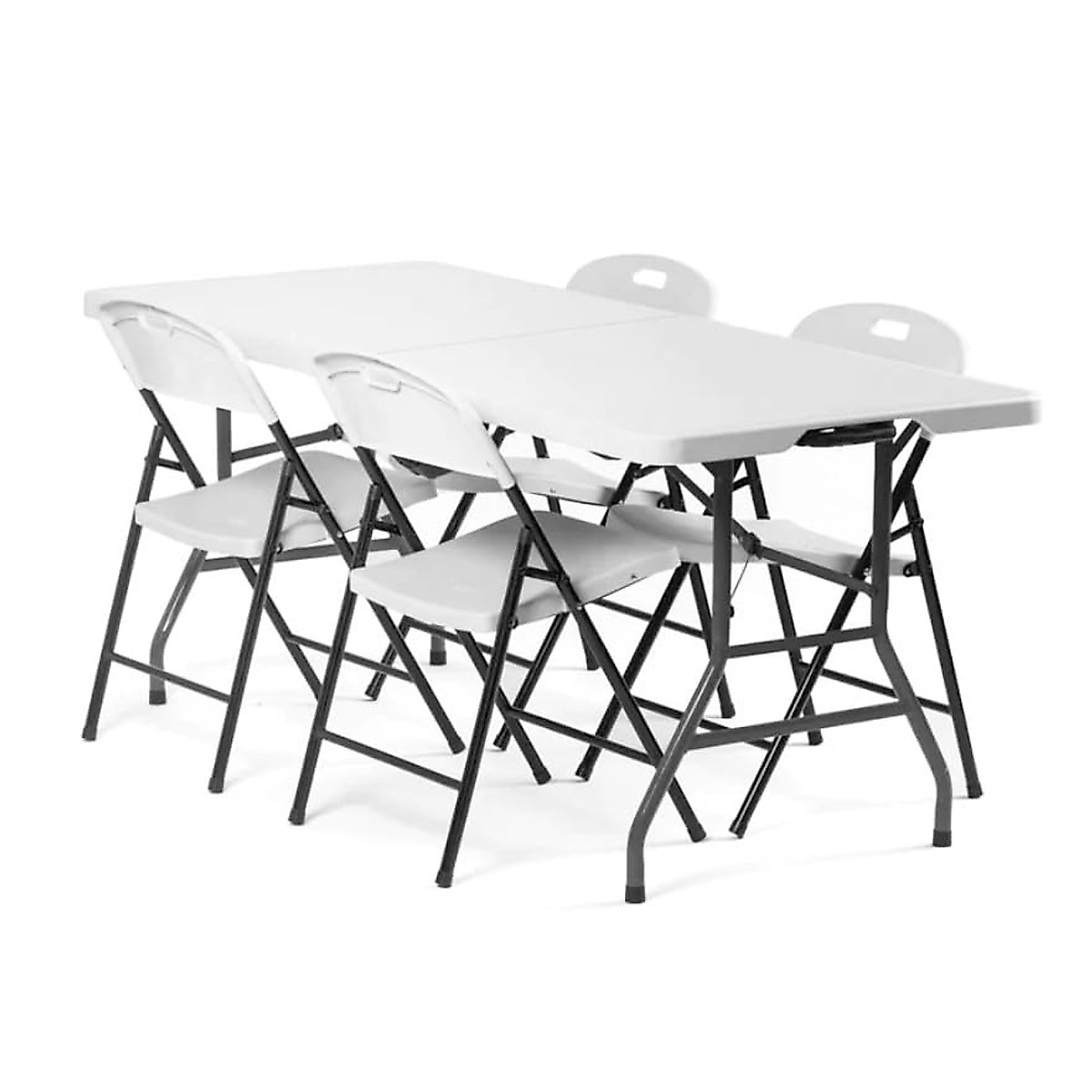 Creative Outdoor Folding Table and Chairs, 6 Ft, Built-in Wheels, Portable Durable Plastic, Indoor/Outdoor Events, Perfect for Camping/Picnic/Tailgating/Party (White Table and 4 Chair Set)