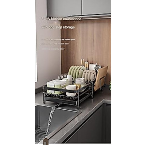 Taqargzy Dish Drying Rack Large Dish Drying Rack with Drainboard Set, Extendable Dish Rack, Utensil Holder, Cup Holder, Expandable Dish Drainer for Kitchen CounterCup Holder,(Black1)