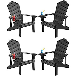 hOmeHua Adirondack Chair Set of 4, Adirondack Chair Weather Resistant with Cup Holder, Imitation Wood Stripes, Easy to Assemble, Outdoor Chair for Patio, Backyard Deck, Fire Pit & Lawn Porch - Black
