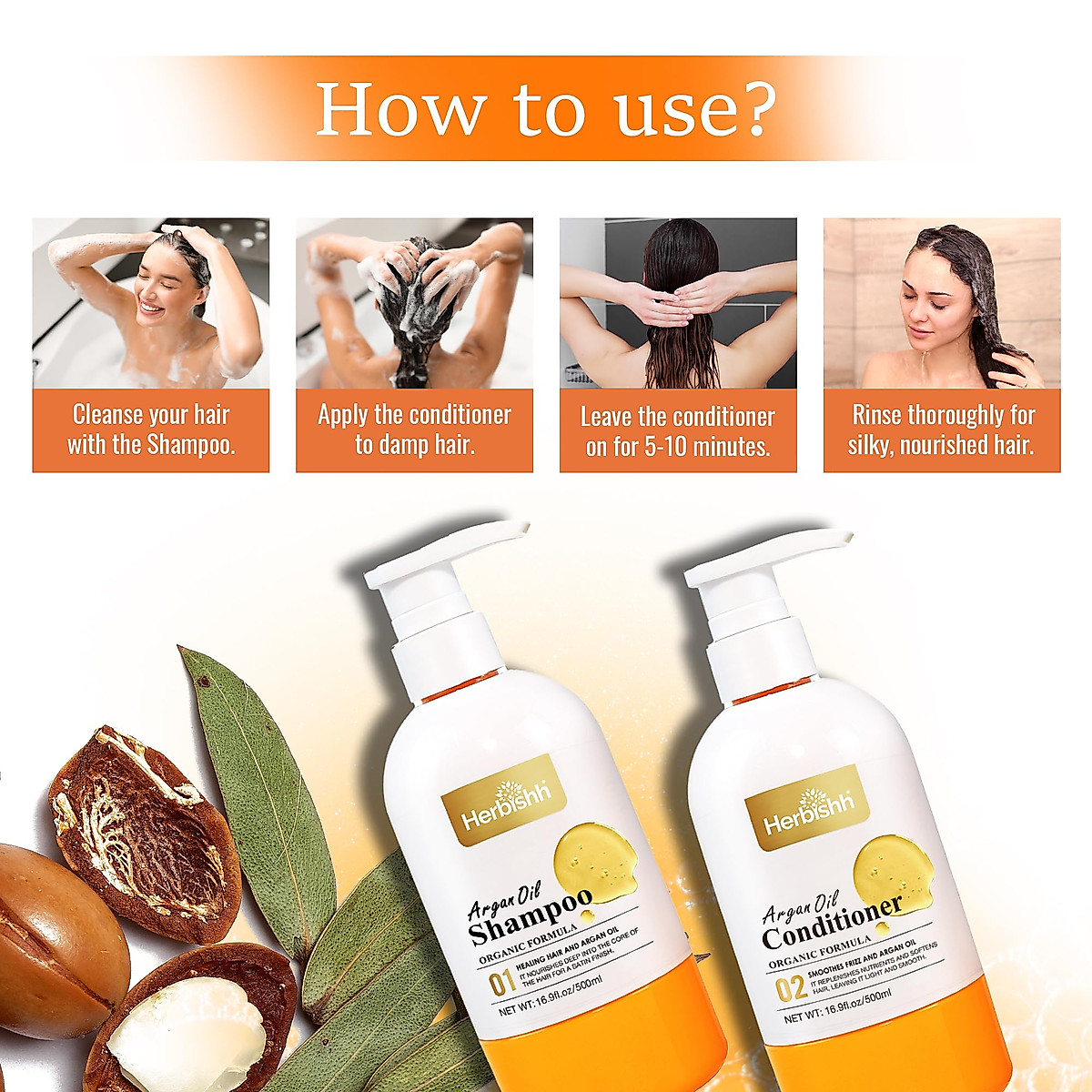 Herbishh Argan Oil Shampoo & Conditioner, Deep Cleansing & Promotes Hair Growth, Repairs Dry, Damaged Hair, UV Protection, With Shea Butter, Jojoba, Coconut oil for Frizzy Colored Hair 16.9fl.oz Each