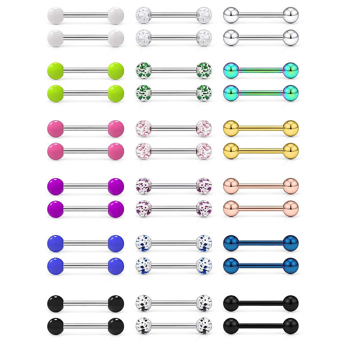 Gadeaila 14G Stainless Steel Nipple Rings Plastic Tongue Rings Straight Barbell Glitter Nipple Body Piercing Jewelry Retainer for Women Man 14MM 9/16Inch 5MM 36PCS Mixcolour