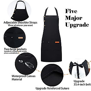 YFJQTZX Adjustable Canvas Apron Women Men, Waterproof Kitchen Aprons for Women With Pockets, Cute Cooking Chef Aprons for Men Grill(Black)