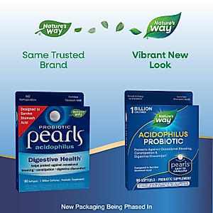 Nature's Way Acidophilus Probiotic Pearls, Supports Digestive Balance*, Protects Against Occasional Constipation and Bloating*, 1 Billion Live Cultures, 90 Softgels (Packaging May Vary)