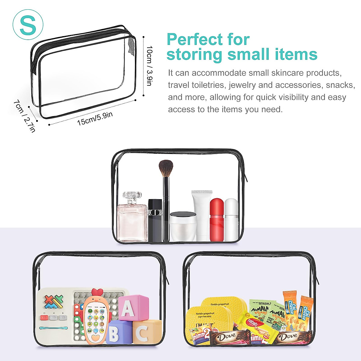 Carachanone 12 PCS Clear Travel Bag for Toiletry, Multipurpose Storage Transparent Cosmetic Bags Bulk for Women Men, Makeup Organizer TSA Approved Luggage Pouch - Black, Small