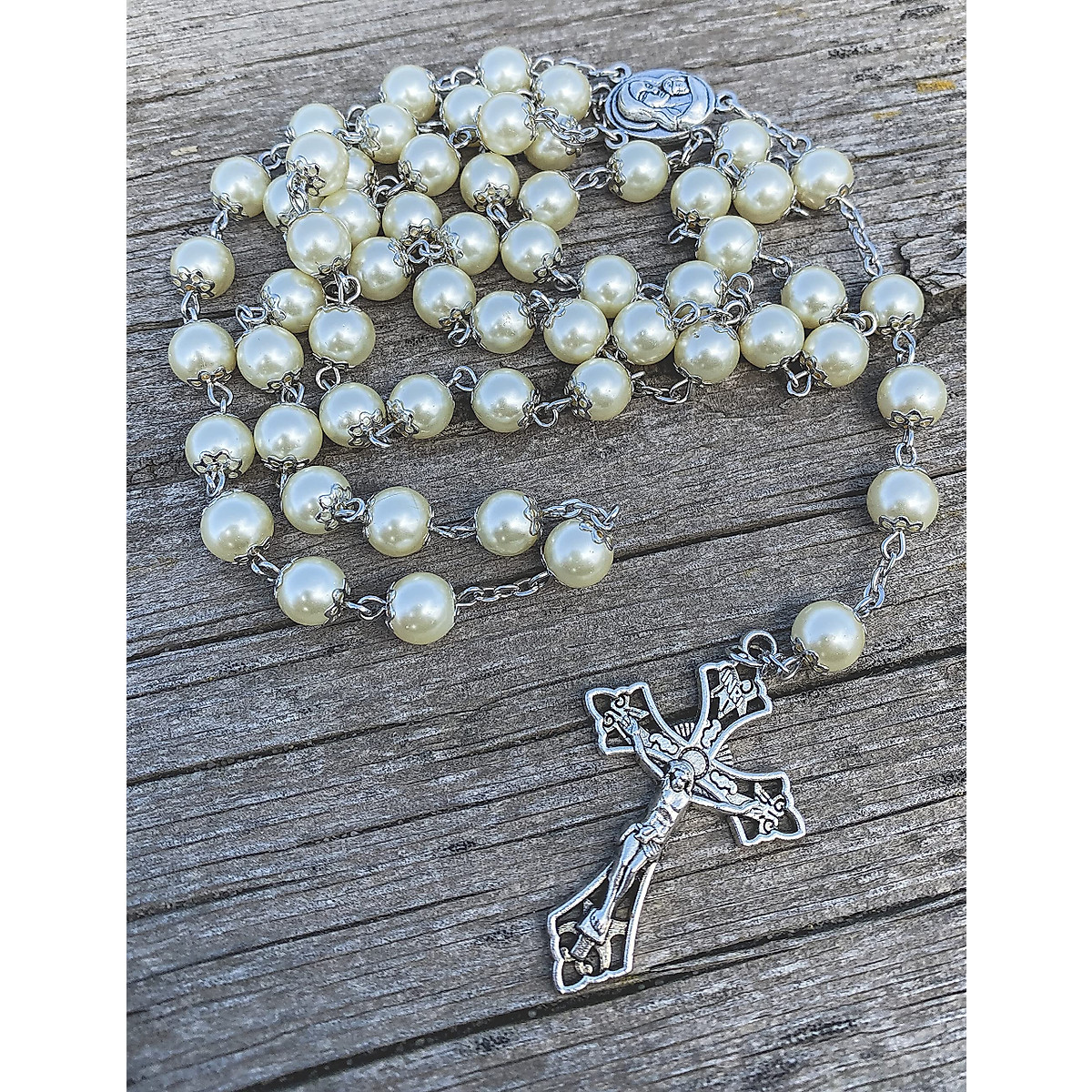 Nazareth Store Pearl Cream Beads Rosary Necklace Holy Soil Medal and Cross Catholic Rosaries for Women, Men