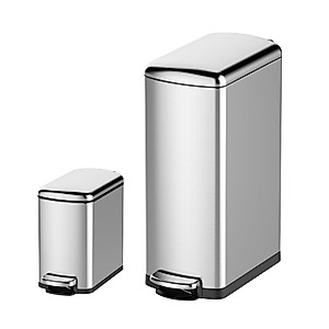 WELYFE 8 Gallon & 1.6 Gallon Trash Can Combo Set, Stainless Steel Step Tread Trash Can, Soft Close Lid, for Office, Kitchen - Silver