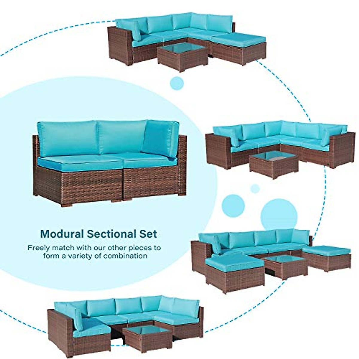 OC Orange-Casual 2 Piece Patio Sectional Furniture Set Outdoor Armchair & Middle Sofa with Brown Wicker & Turquoise Cushion for Backyard, Poolside, Garden