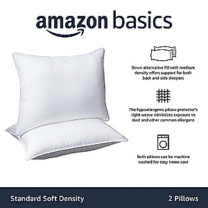 Amazon Basics Down Alternative Pillows, Soft Density For Stomach and Back Sleepers, Standard, Pack of 2, White, 26 in L x 20 in W