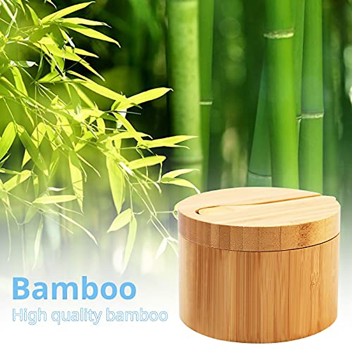 Bamboo Salt Cellar with Mini Spoon by HTB, Kitchen Salt Box with Swivel Magnetic Closure Lid, Round Salt Container to Storage Pepper Spice Bath Salt Sea Salt