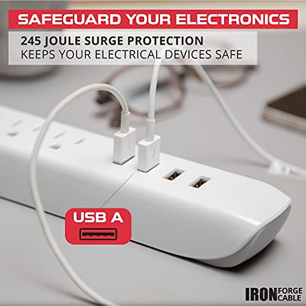 Iron Forge Cable Surge Protector Power Strips with USB, 6ft Cord