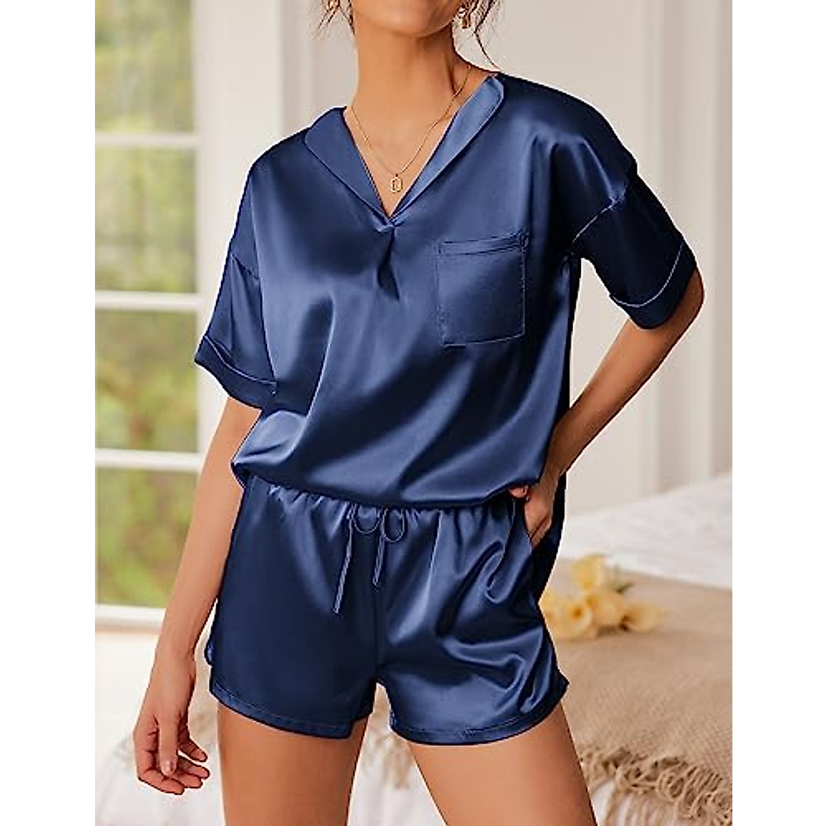 Ekouaer Pajamas Set Soft Women Satin Sleepwear 2 Piece Silk Pjs top and Shorts Sleep Nightwear Navy Blue