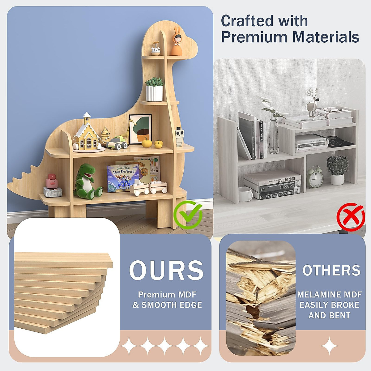 Dinosaur Kids Bookshelf, Wooden Kids Bookshelf and Toy Storage, Wood 4-Tier Montessori Bookshelf for Kids, Durable Bookcase, Eco-Safe Toddler Bookshelf, Toy Organizer for Kids Room, Playroom, Nursery