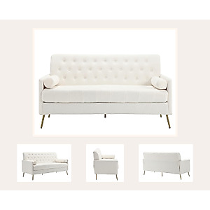 Guyou 60'' Loveseat Sofa Couch, White Sherpa Upholstered 2-Seat Love Sofa Chair with Arms for Living Room Tufted Small Couch Sofa with Removable Cushion and Gold Legs