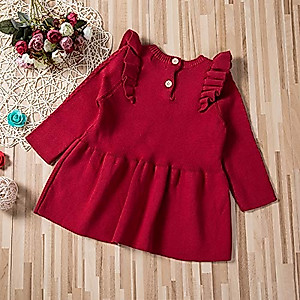 Toddler Baby Girls Knitted Long Sleeve Ruffles Sweater Dress Outfits Winter Warm Tops Clothes (Red, 4-5 Years)