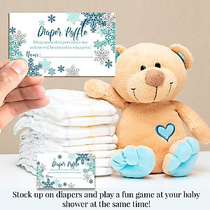 Amanda Creation Blue and Silver Snowflake Diaper Raffle Tickets for Boy Baby Showers, 20 2" X 3” Double Sided Insert Cards for Games, Bring a Pack of Diapers to Win Favors & Prizes!