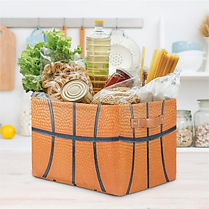Basketball Storage Bin Basket, Ball Large Toys Storage Cube Box with Handles, Collapsible Laundry Basket Rectangular Waterproof Storage Organizer Bin for Nursery Bedroom Playroom Shelves Gift Basket