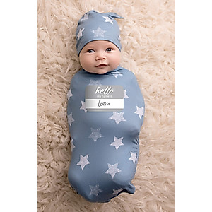 Itzy Ritzy Cocoon and Hat Swaddle Set, Cutie Cocoon Includes Name Announcement Card and Matching Jersey Knit Cocoon and Hat Set, Perfect for Newborn Photos, for Ages 0 to 3 Months, Blue Stars