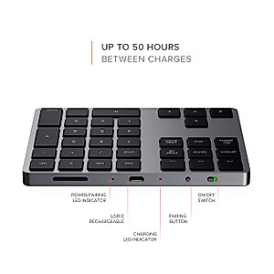 Satechi Bluetooth Extended Numeric Keypad – Slim Rechargeable 34-Key Numberpad – for M4/M2/M1 MacBook Pro/Air, M4/M2/M1 iPad Pro/Air, M2 Mac Mini, iMac M1/M4 (Space Gray)