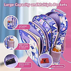 16 Inch Girls Backpack with Lunch Box and Pencil Case 3 in 1 Cute Purple Cat Backpacks for Girls Kindergarten Preschool Elementary Kawaii Kids Backpack with Bento Lunch Bag