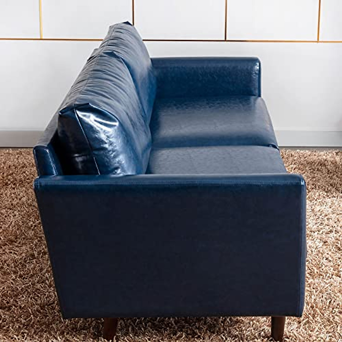 Dreamsir 80'' Faux Leather Sofa Couch, Mid-Century Modern Sofa with Solid Wooden Frame & Padded Cushions, 3-Seater Couch for Living Room, Apartment, Lounge Room (Blue)