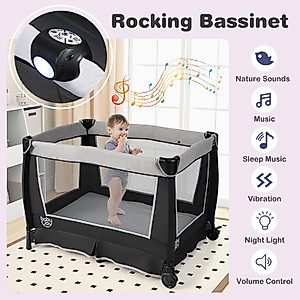 BABY JOY 5 in 1 Pack and Play, Portable Nursery Center Baby Playard w/Bassinet & Diaper Changing Table, Infant Bassinet Activity Center with Toys, Music, Oxford Bag for Toddlers (Space Grey, Classic)