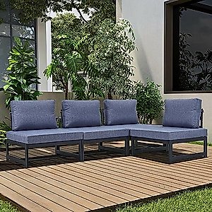 TOME Patio Furniture Set, Outdoor Conversation Sectional Sofa Set with Oak Ottoman, Aluminum Frame and Seat Cushion for Garden Backyard Porch (4pcs Sofa)