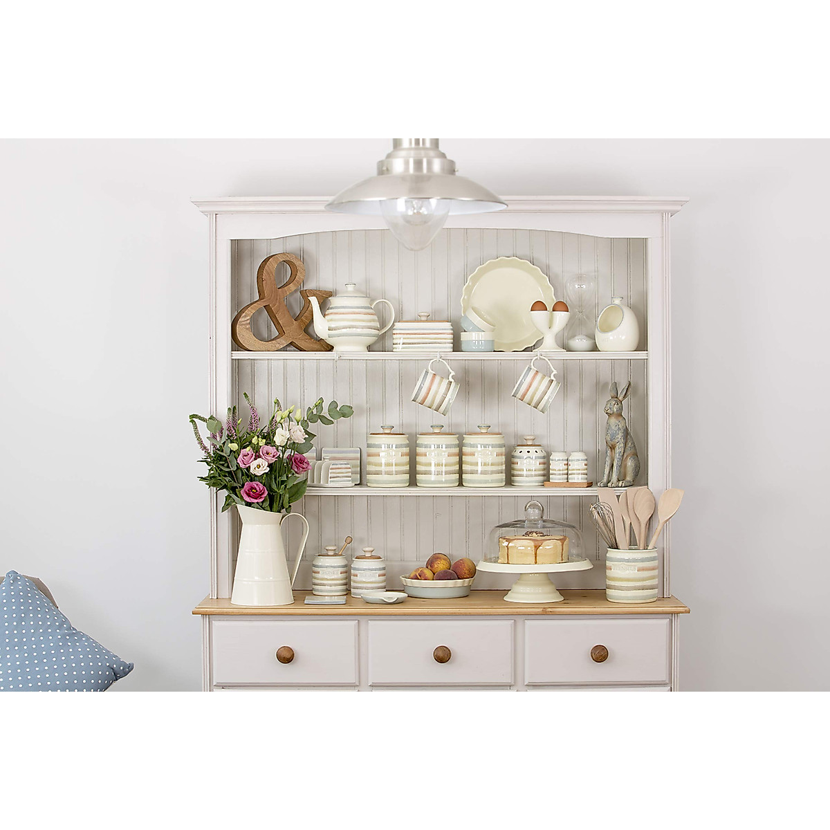 Kitchen Craft Classic Collection Striped Ceramic Butter Dish with Lid-Cream, 15 x 11 x 9.5 cm