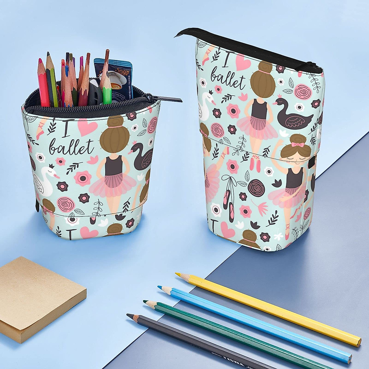 Gocerktr Adorable Ballet Girl Pencil Telescopic Holder Storage, Office Standing Stationery Bag with Zipper, Organizer Pouch for Women Man