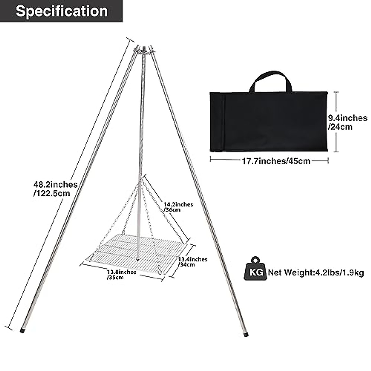 Lineslife Campfire Tripod Grill for Cooking, Durable Stainless Steel Camping Fire Tripod Grill with Grill Grate and Carrying Bag for Outdoor BBQ, Silver
