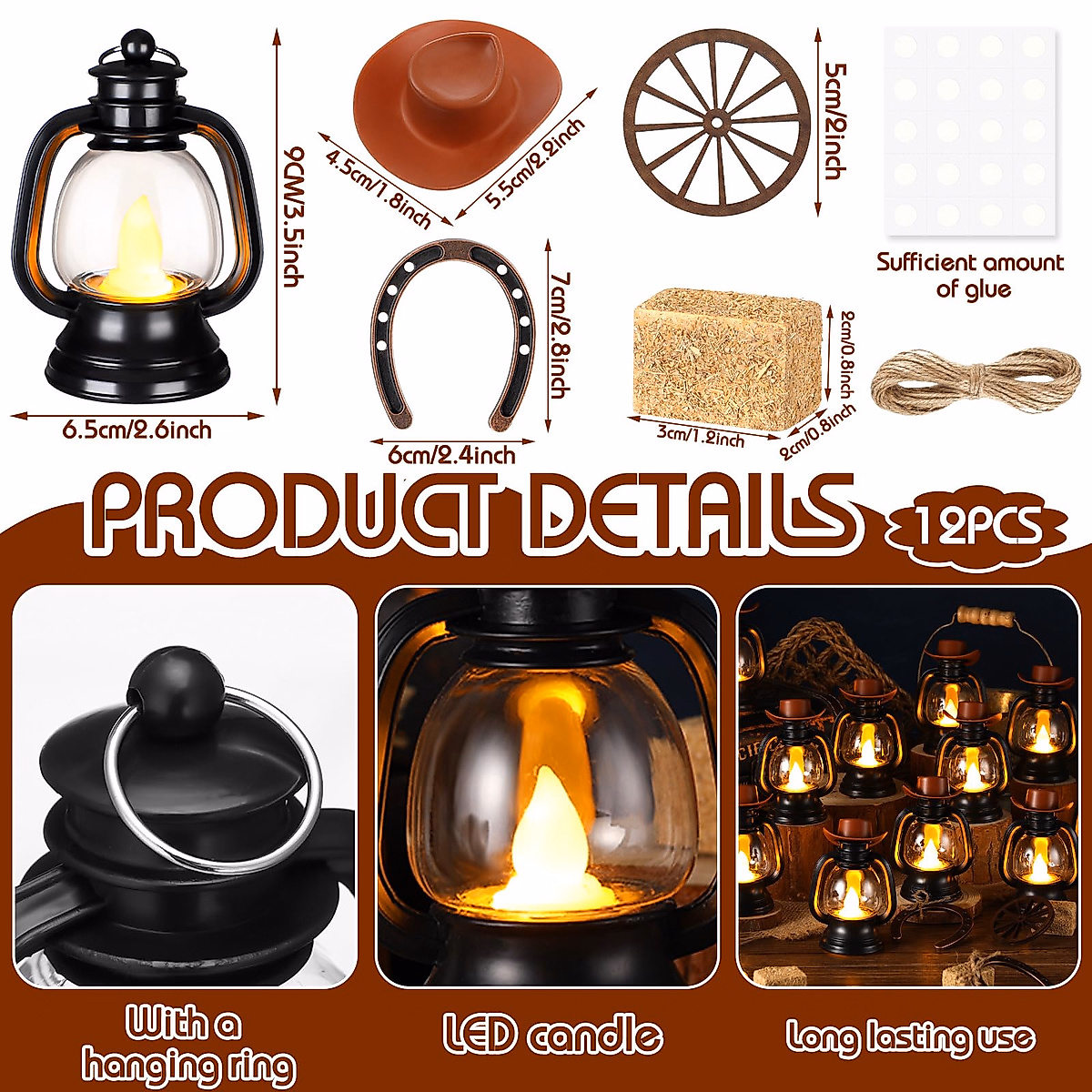 Ferraycle 60 Pcs Cowboy Theme Party Decoration Western Party Decor Rodeo Table Centerpieces Rustic Mini Cowboy Hat Lantern Horseshoe Wagon Wheel Hay Bales for Adult Cowgirl Country Party (Brown)