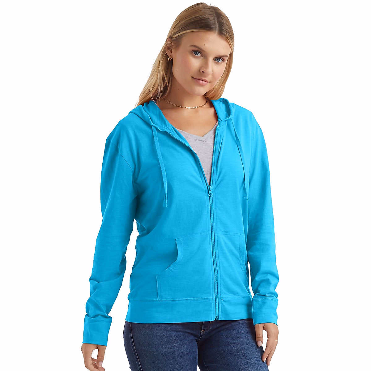Hanes Womens Slub Knit Full-zip Hoodie, Textured Cotton Zip-up T-shirt For Fashion-hoodies, Process Blue, X-Large US