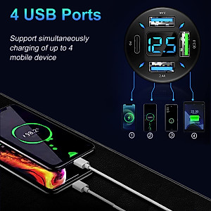 GemCoo 4 Port USB Car Charger Adapter 50W PD & QC3.0 USB 2.4A Cigarette Lighter USB Charger with LED Voltmeter Fast Charger Compatible with iPhone, Android, Samsung, iPad Pro