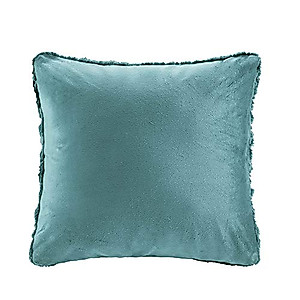 Comfort Spaces Ruched Faux Fur Plush 3 Piece Throw Blanket Set Ultra Soft Fluffy with 2 Square Pillow Covers, 50"x60", Teal