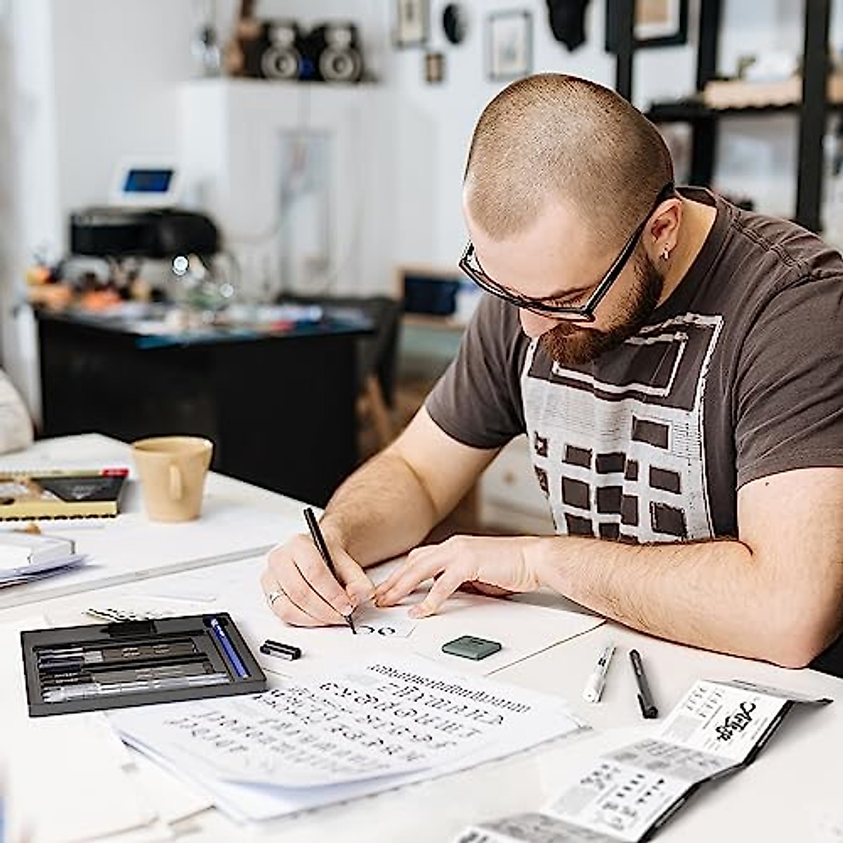 ARTEZA Hand Lettering Pens, 12-Piece Calligraphy Set for Beginners, 5 Micro-Line Pens, 2 TwiMarkers, Gel Pen, Bullet Marker, Pencil, & Eraser, Art Supplies with a Guidebook