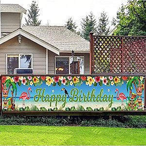 KYMY Long Hawaiian Luau Happy Birthday Backdrop Banner, Summer Floral Tropical Flamingo Birthday Sign with 118"X19.7", Hawaii Theme Photograph Background Supplies for Birthday Party Decorations