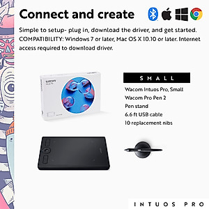 Wacom Intuos Pro Small Bluetooth Graphics Drawing Tablet, 6 Customizable ExpressKeys, 8192 Pressure Sensitive Pro Pen 2 Included, Compatible with Mac OS and Windows,Black