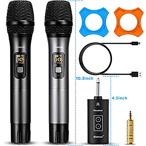 Wireless Microphone with Bluetooth, Professional UHF Dual Handheld Dynamic Metal Mic System Set with Rechargeable Receiver, 160 ft Range, 1/4''Output, for Karaoke Machine, Singing, Amp, PA Speaker