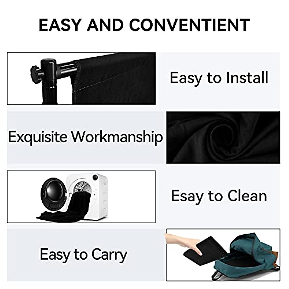 INNOVSIGN 10x10 Ft Black Background Screen Wrinkle Resistant Background with 8 Background Clips, Cotton Fabric Foldable ChromaKey Black Screen Background for Photography Studio