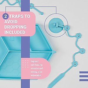 Beesilly2 Silicone Baby Suction plates with Utensil Straps - BPA Free, Microwave and Dishwasher Safe Baby plates with Suction - Single Toddler Plate with Divided Sections (Blue)