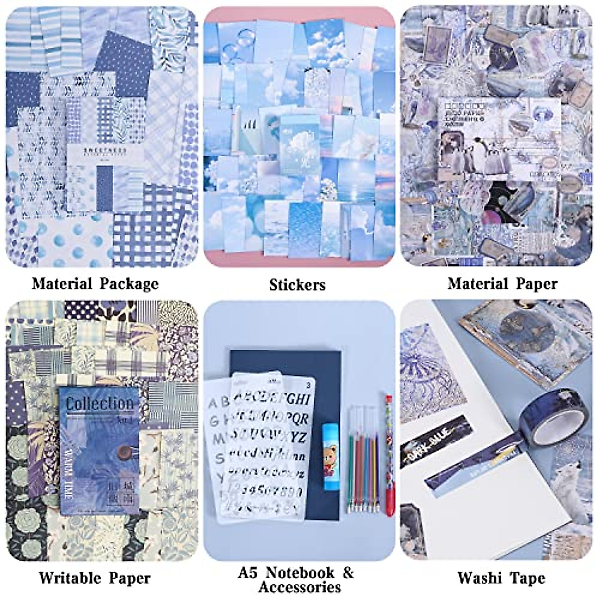 Urradia Scrapbooking Kit for Kids and Adults - 423pcs Blue Space Nature Themed Craft Papers and Stickers