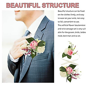 VOSAREA Rose Boutonniere 1 Set Wrist Corsage Boutonniere Set Groom Boutonniere and Bride Wrist Corsage Handmade Artificial Corsage Set Bride Hand Flower Bouquet Pink Prom Corsage Wristlet