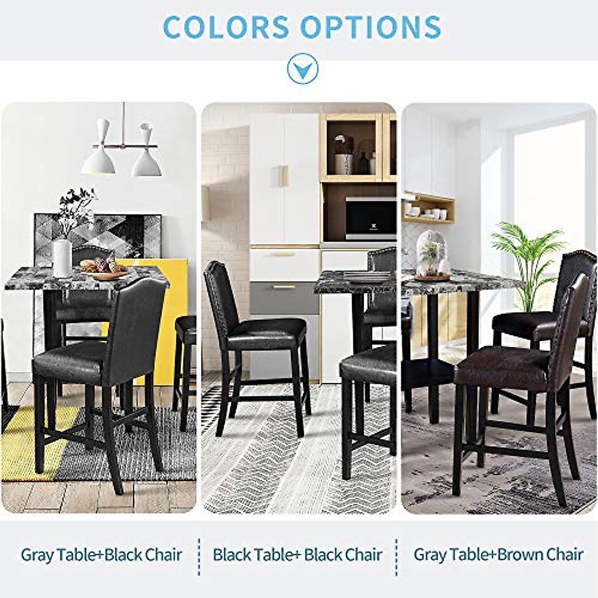 Quarte 5 Piece Dining Table Set, Faux Marble Counter Height Kitchen Table with Matching 4 PU Leather Chairs and Bottom Shelf, Small Space Home Furniture (Gray+W*)